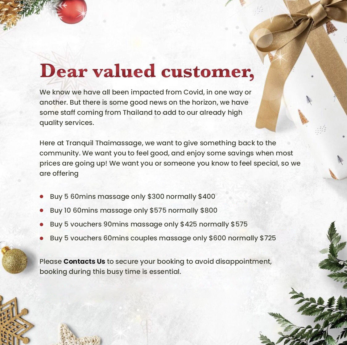 dear valued customers banner | Tranquil Thai Massage